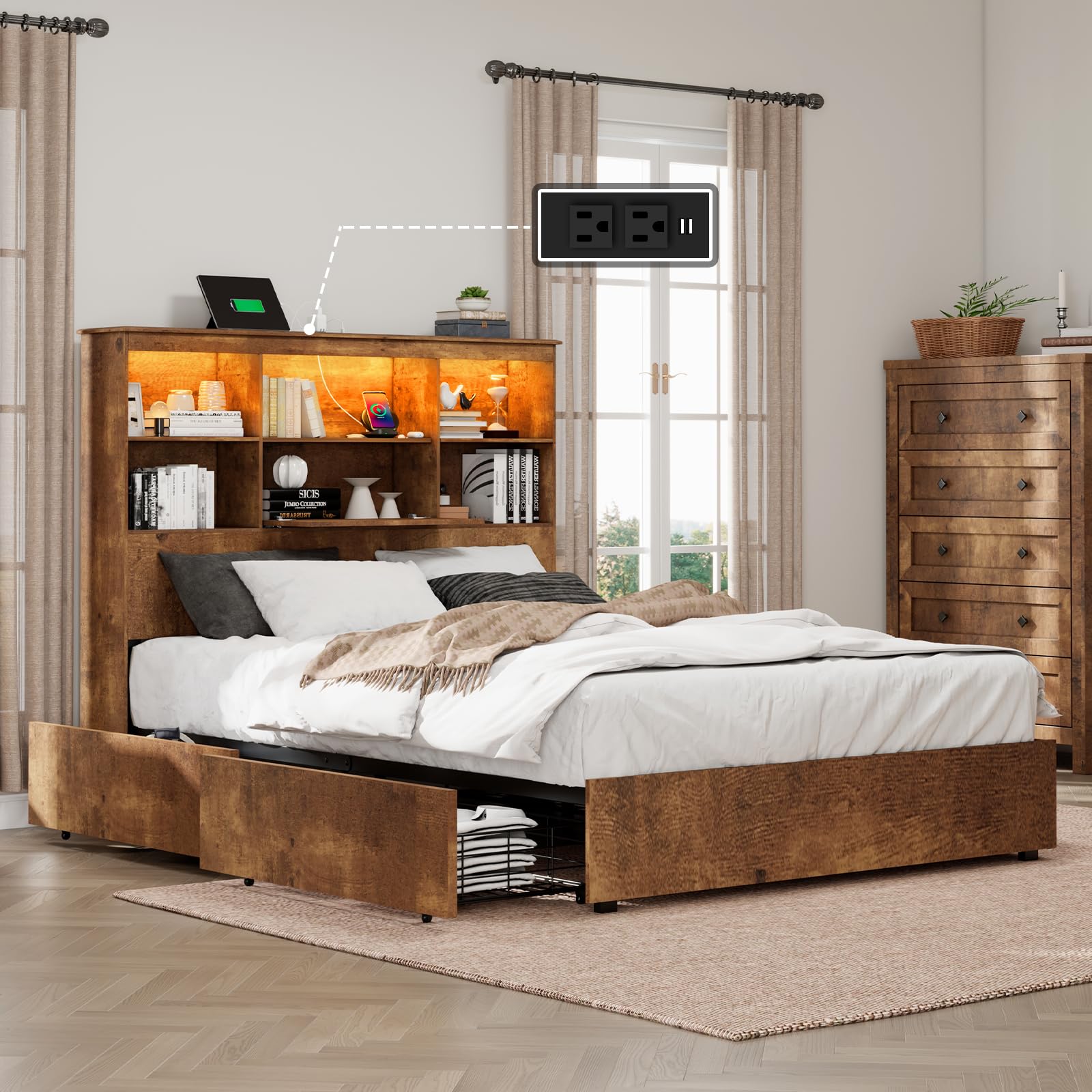 LUXOAK King Size Bed Frame with LED Bookcase Headboard, Wooden Storage Bed with Charging Station & 4 Drawers, No Box Spring Needed/Noise-Free/Rustic Brown