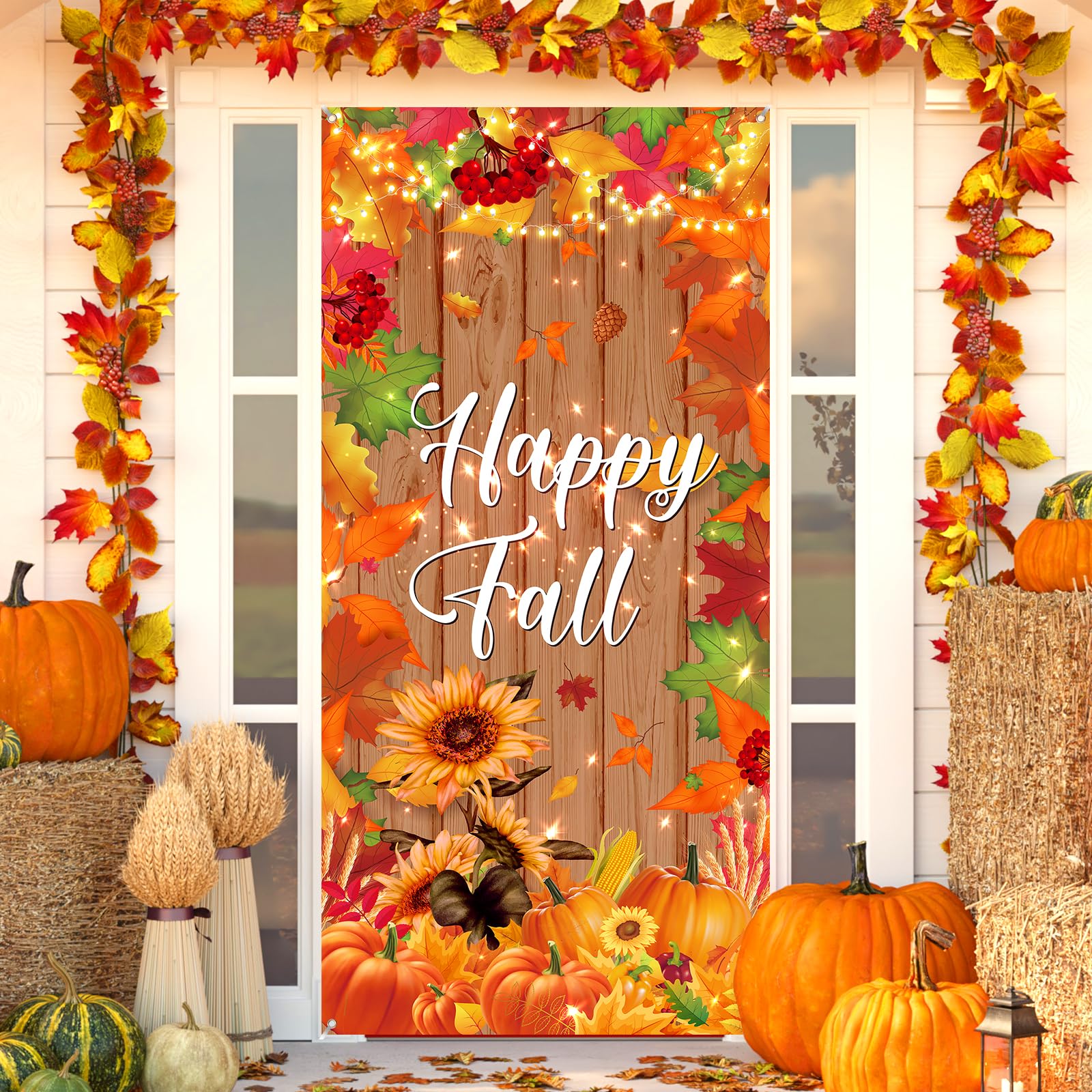 RUMIA Fall Party Door Banner Happy Fall Decorations Thanksgiving Door Cover Pumpkin Fall Backdrop Sign Party Supplies for Harvest Autumn Birthday Background Photo Booth Props Party Decor 73 x 36 inch