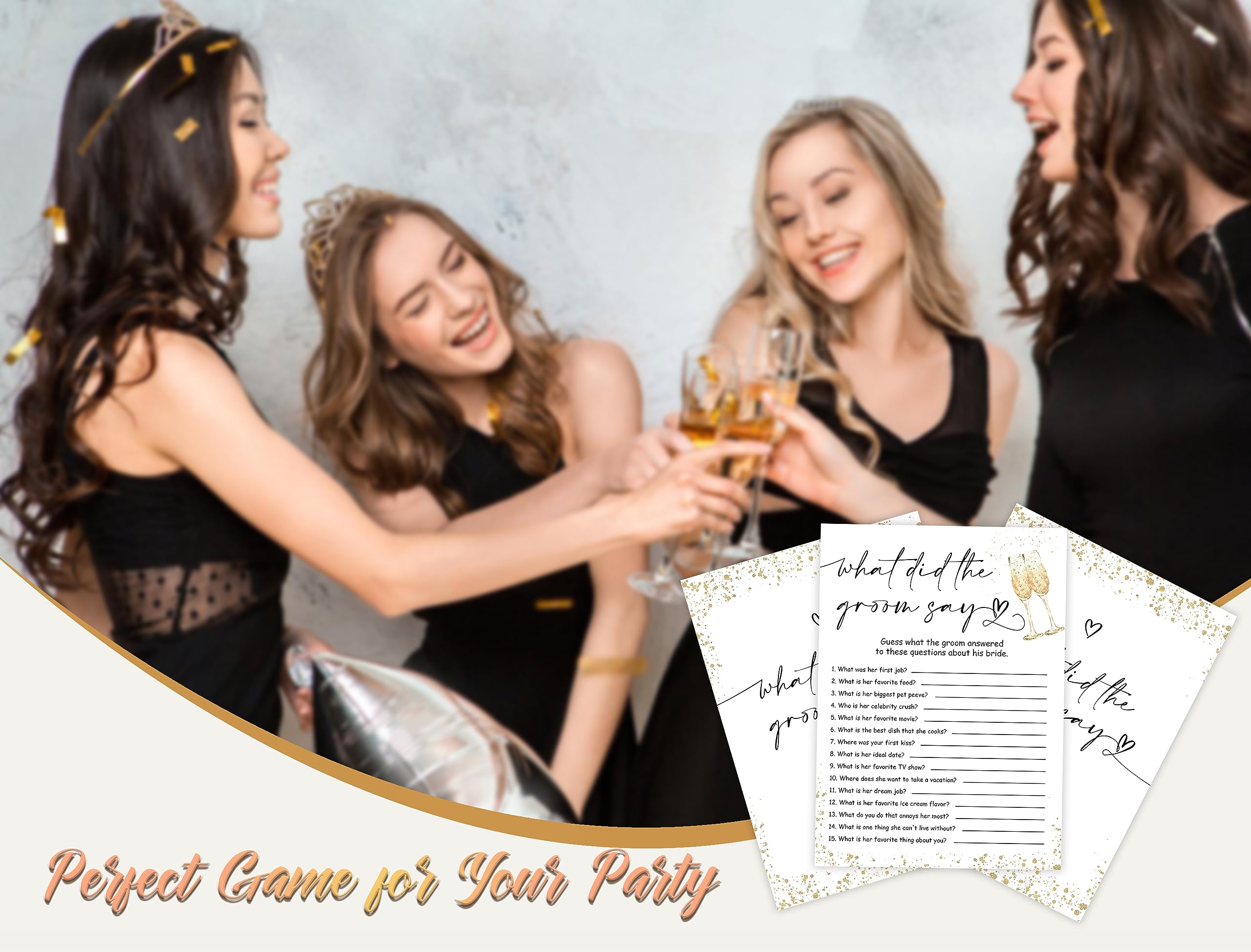 What Did the Groom Say Bridal Shower Game, Wedding Shower and Bachelorette Party - Set of 30 Cards, Gold Champagne Bridal Wedding Activities Game Cards for Guests, Bridal Shower Party Decorations-LK1