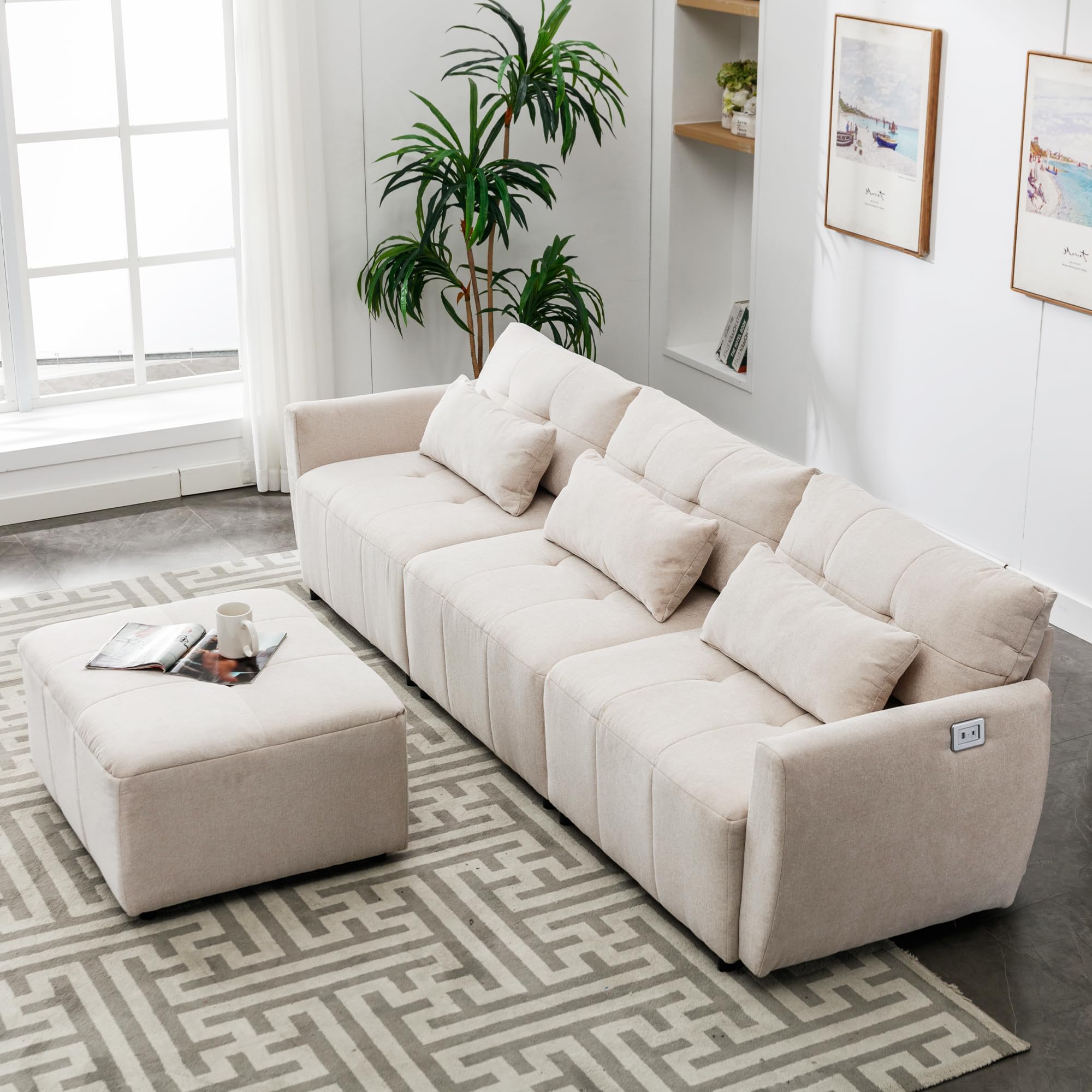 Aiuyesuo 113.3" Versatility Sectional Sofa Couch, Convertible 3-Seat L-Shaped Sofa with Movable Ottoman and USB Port,Couch with Lumbar Pillow for Apartment,Living Room(Beige-zc34)