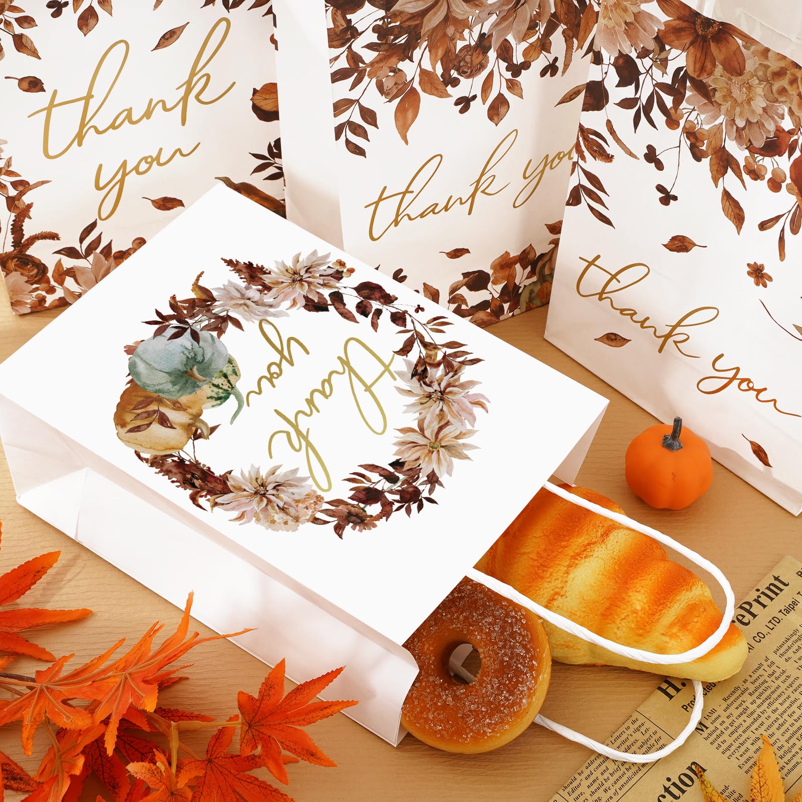 AnyDesign 12Pcs Fall Leaves Thank You Gift Bags with Handle Autumn Maple Leaves Paper Bag Foil Gold Autumn Goodie Bag for Fall Thanksgiving Wedding Birthday Party Favor Supplies, 5.9 x 8.3 x 3.2 In