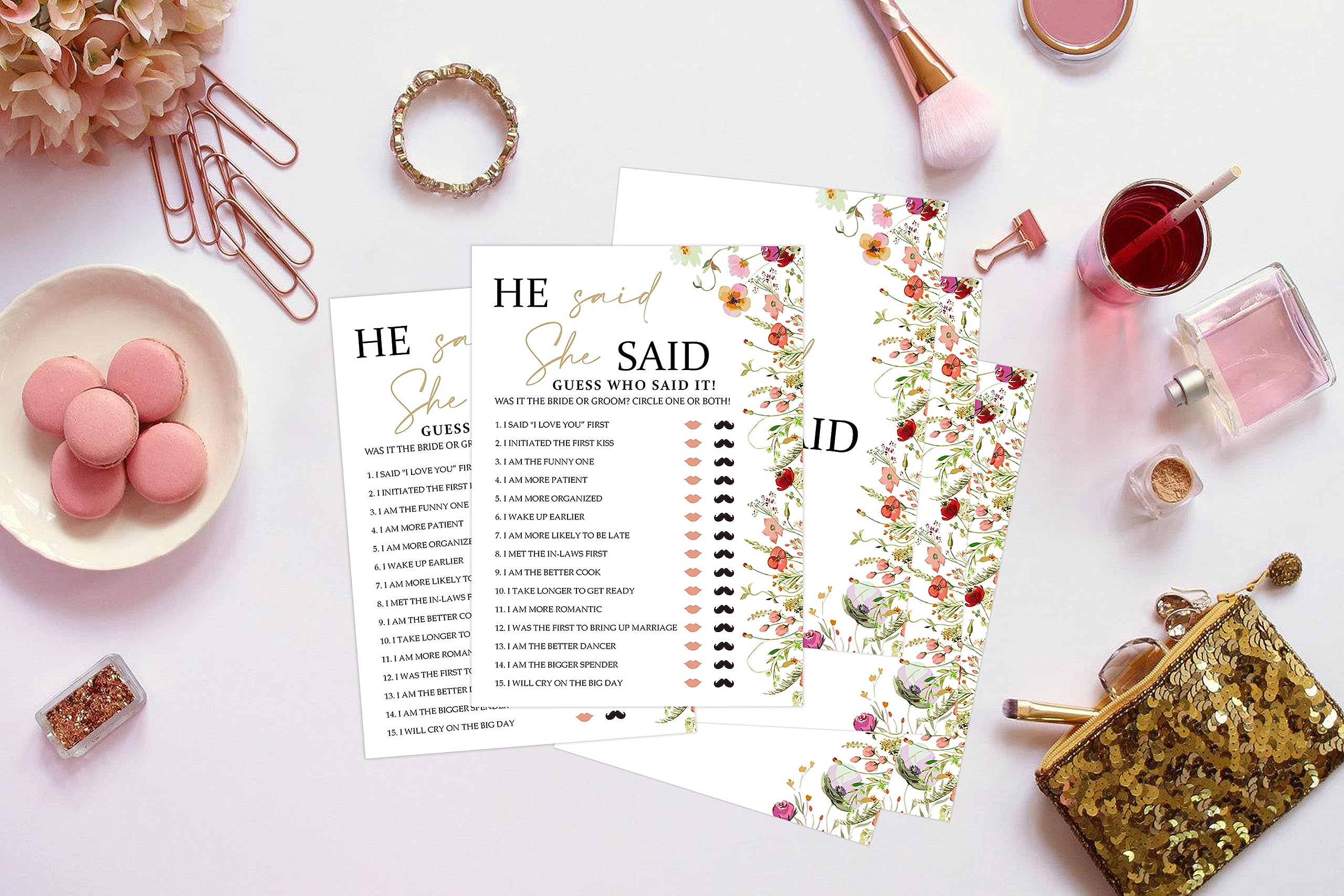 He Said She Said Bridal Shower Games, Wedding Shower and Bachelorette Party - Set of 30 Cards, Boho Floral Bridal Wedding Activities Game Cards for Guests, Bridal Shower Party Decorations-LH2