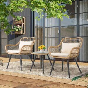 joivi 3 piece outdoor wicker conversation bistro set, patio furniture rattan chairs and square side table set for porch, balcony, poolside, yard, white cushion