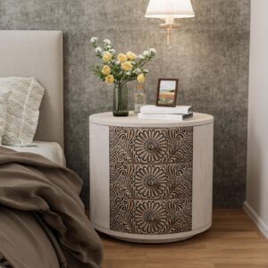 cosiest 3 drawer chest of drawers, 20 inch mdf round storage cabinet, retro whitewash finish nightstand, wood bedside table with drawers for bedroom living room,light gray