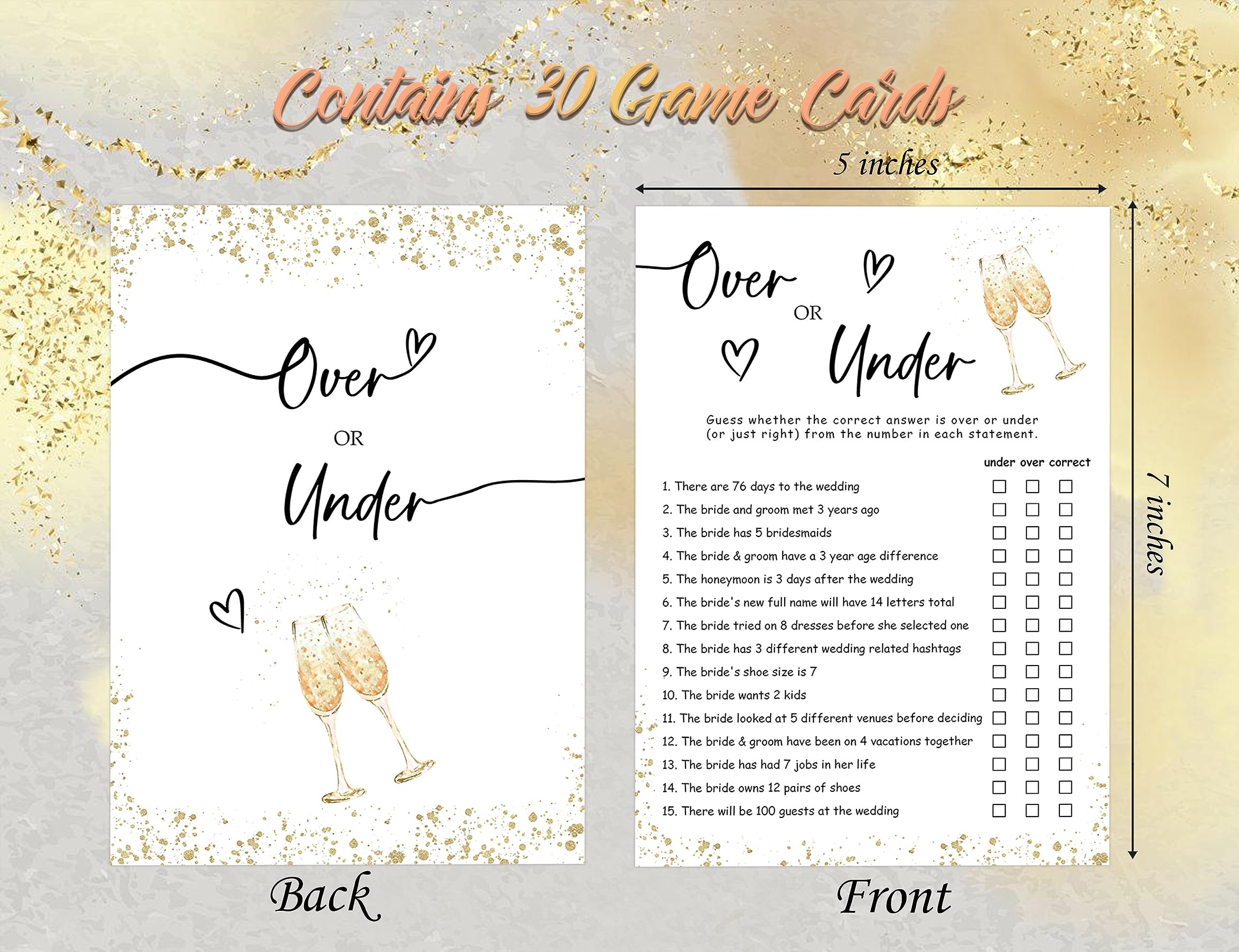 Over or Under Game Bridal Shower Games, Wedding Shower and Bachelorette Party - Set of 30 Cards, Gold Champagne Bridal Wedding Activities Game Cards for Guests, Bridal Shower Party Decorations-LI1