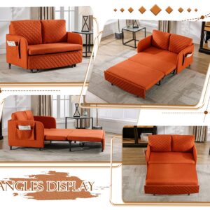 Pull Out Futon Sofa Bed, Convertible Small Loveseat Sleeper with Storage Drawer, 3 in 1 Futon Couch with Removable Pocket and 2 Pillows, Modern Love Seat for Living Room, Guest Room, Deep Orange