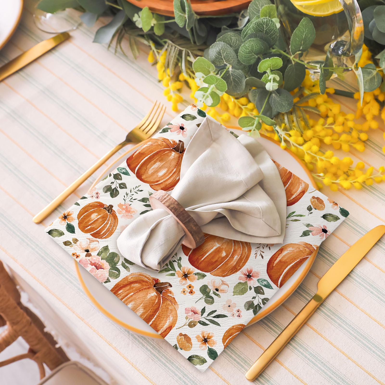 AnyDesign 80 Pack Fall Pumpkin Paper Napkins Watercolor Disposable Autumn Luncheon Napkins Boho Floral Pumpkin Dessert Dinner Hand Napkin for Thanksgiving Harvest Tea Party Supplies, 6.5 x 6.5 Inch