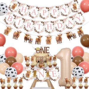 highland cow 1st birthday decorations girl pink highland cow birthday decorations boho highland cattle banner cake topper balloons for holy cow im one farm animal birthday party supplies