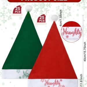 Leumoi 50 Pieces Naughty and Nice Plush Christmas Santa Hats Decorative Red and Green Christmas Hat Xmas Santa Hats for Adults Kids Women Men Funny Decoration Holiday Party Costume Supply