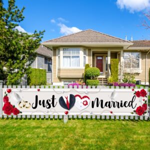 labakita large just married banner, wedding ceremony front yard banner sign, wedding banner for outside/inside, honeymoon bridal shower wedding party decoration supplies