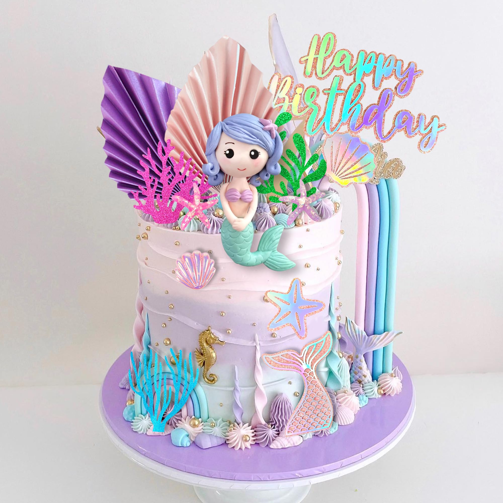 20 PCS Mermaid Cake Toppers with 3D Mermaid Seaweed Folding Fans Shell Starfish Cake Decoration for Kids Girls Birthday Party Baby Shower Supplies (STYLE1)