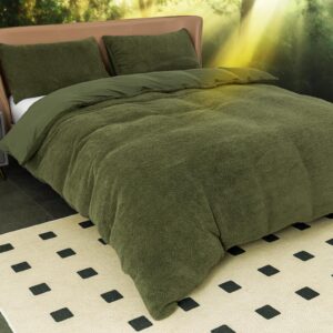 quiltina shu velveteen warm duvet cover set queen size with 2 pillowcases, coral fleece luxury quilt cover anti-static for winter, double sided velvet and sanded blanket, army green, 90" x 90"