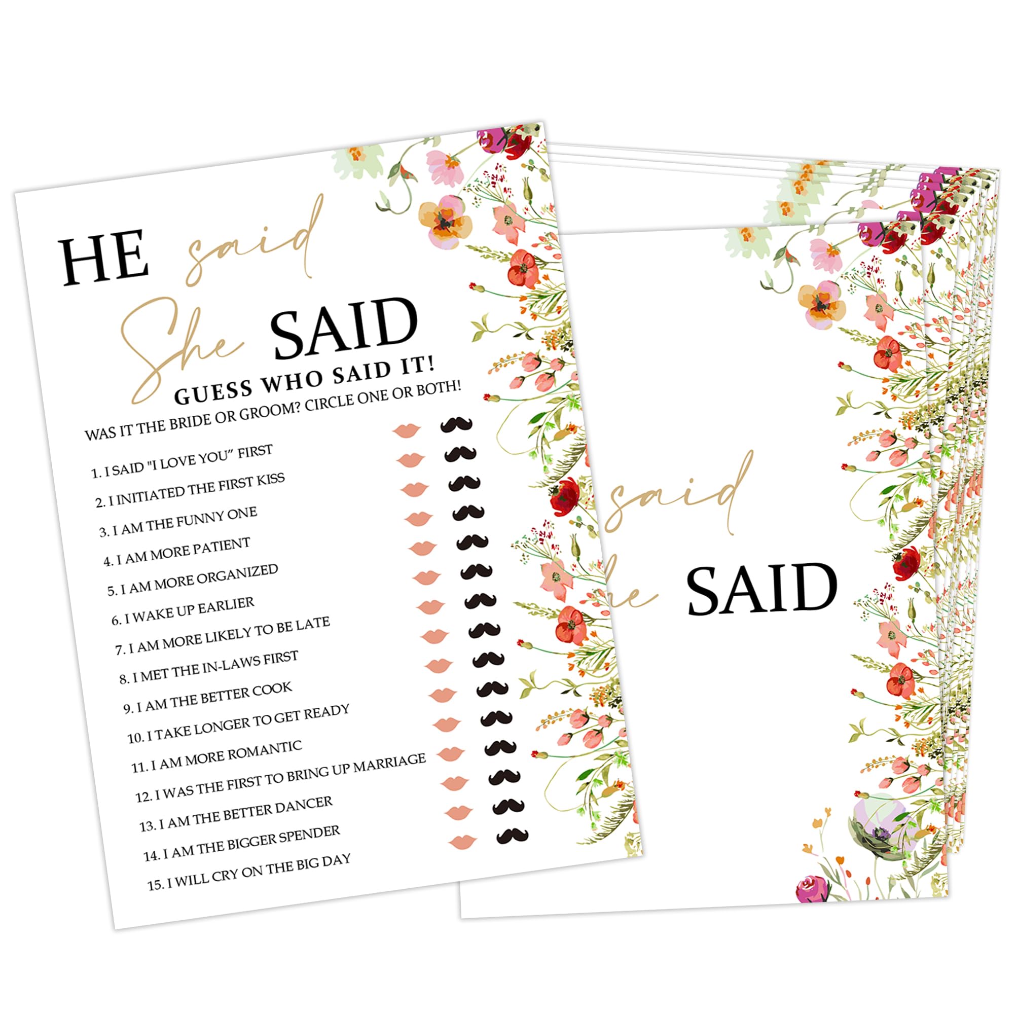 He Said She Said Bridal Shower Games, Wedding Shower and Bachelorette Party - Set of 30 Cards, Boho Floral Bridal Wedding Activities Game Cards for Guests, Bridal Shower Party Decorations-LH2