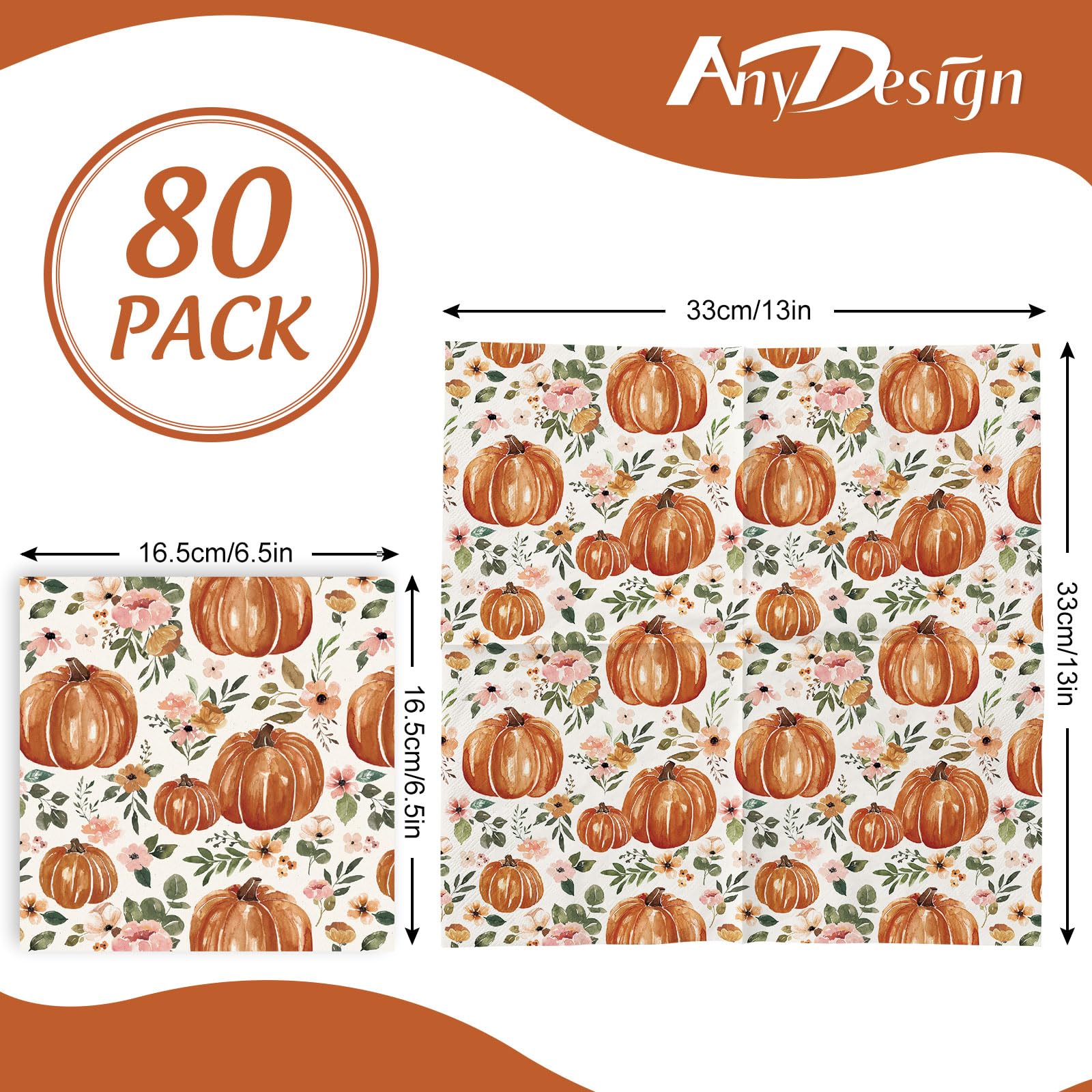 AnyDesign 80 Pack Fall Pumpkin Paper Napkins Watercolor Disposable Autumn Luncheon Napkins Boho Floral Pumpkin Dessert Dinner Hand Napkin for Thanksgiving Harvest Tea Party Supplies, 6.5 x 6.5 Inch