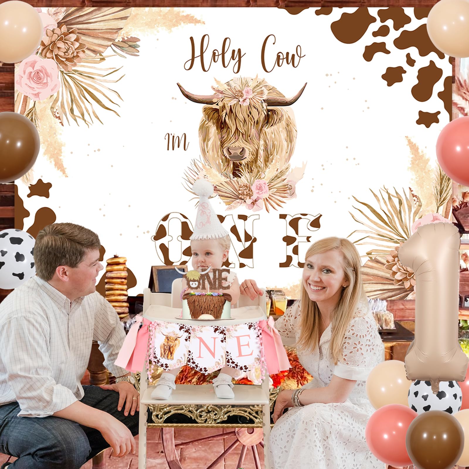 Highland Cow 1st Birthday Decorations Girl - Holy Cow Im One Backdrop, Highland Cattle High Chair Banner, Cake Topper, Foil Balloons for Pink Boho Floral Highland Cow Farm Animal Party Supplies