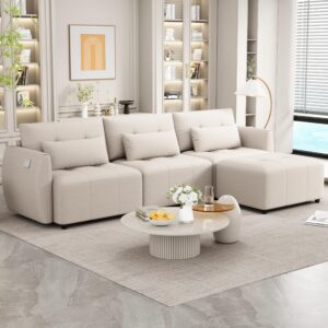 Aiuyesuo 113.3" Versatility Sectional Sofa Couch, Convertible 3-Seat L-Shaped Sofa with Movable Ottoman and USB Port,Couch with Lumbar Pillow for Apartment,Living Room(Beige-zc34)