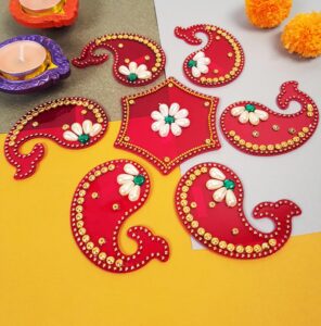 artisenia handmade red dolphin acrylic diwali rangoli floor decorations table decoration studded stones sequins traditional festive home door décor | floor wall stickers rjv-002