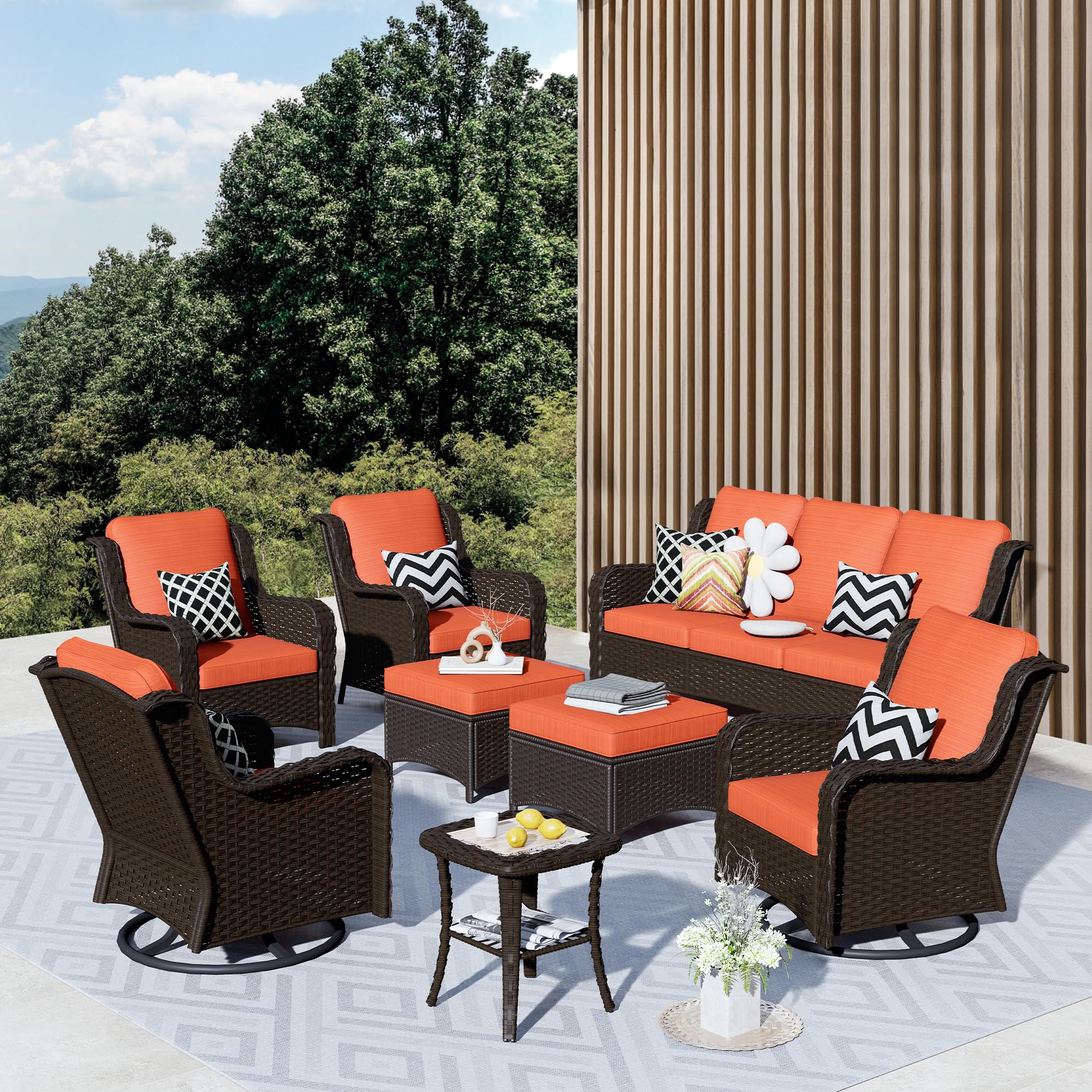 ovios Outdoor Furniture Patio Furniture Set 8 Pieces Swivel Rocking Chairs All Weather Rattan Wicker Patio Couch with Side Table,Ottomans,Chairs for Porch,Backyard,Deck,Brown Wicker Orange Red