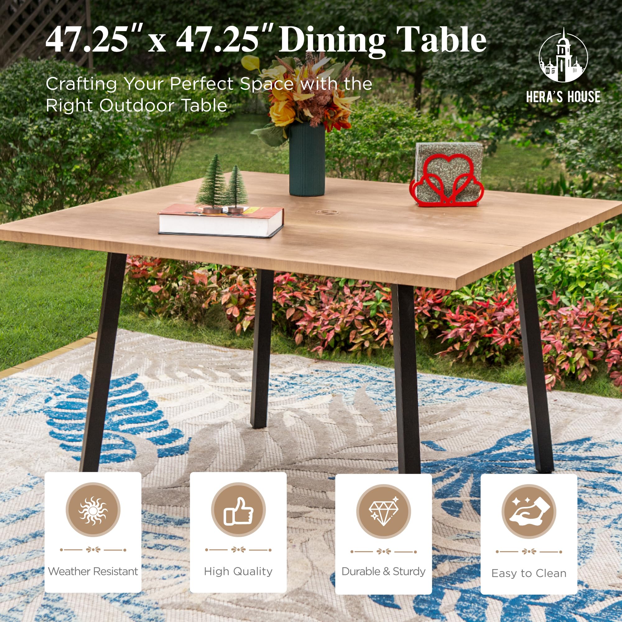 HERA'S HOUSE Patio Dining Table, 4 Person 47" x 47" Square E-Coating and Powder Coating Steel Frame Outdoor Dining Table with 1.57" Umbrella Hole for Garden, Lawn and Backyard