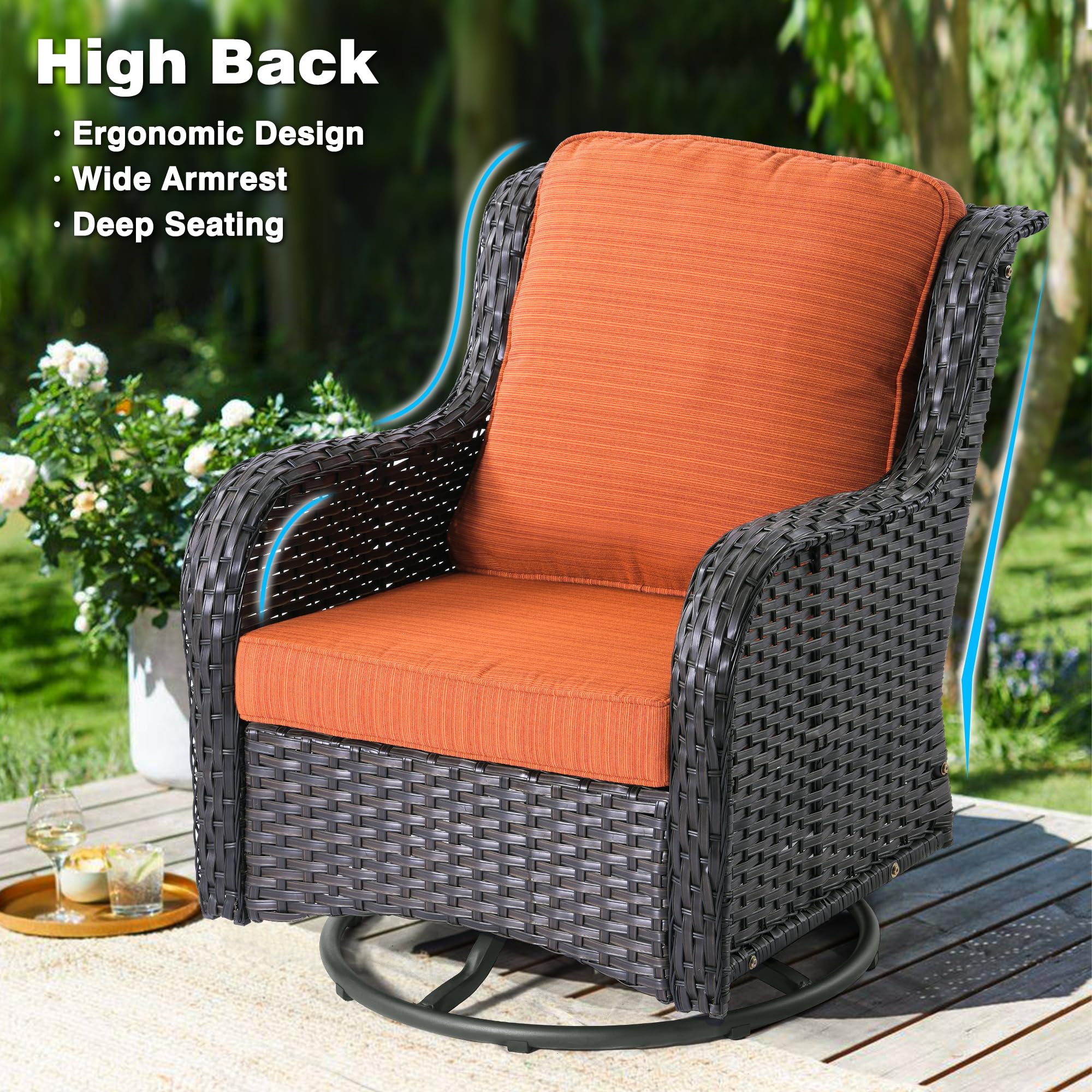 ovios Outdoor Furniture Patio Furniture Set 8 Pieces Swivel Rocking Chairs All Weather Rattan Wicker Patio Couch with Side Table,Ottomans,Chairs for Porch,Backyard,Deck,Brown Wicker Orange Red