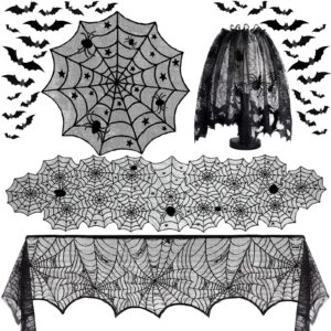 5pack halloween decorations indoor halloween decor black lace table runner fireplace mantel scarf round tablecloth cobweb lampshade with 32 pcs 3d bat wall stickers