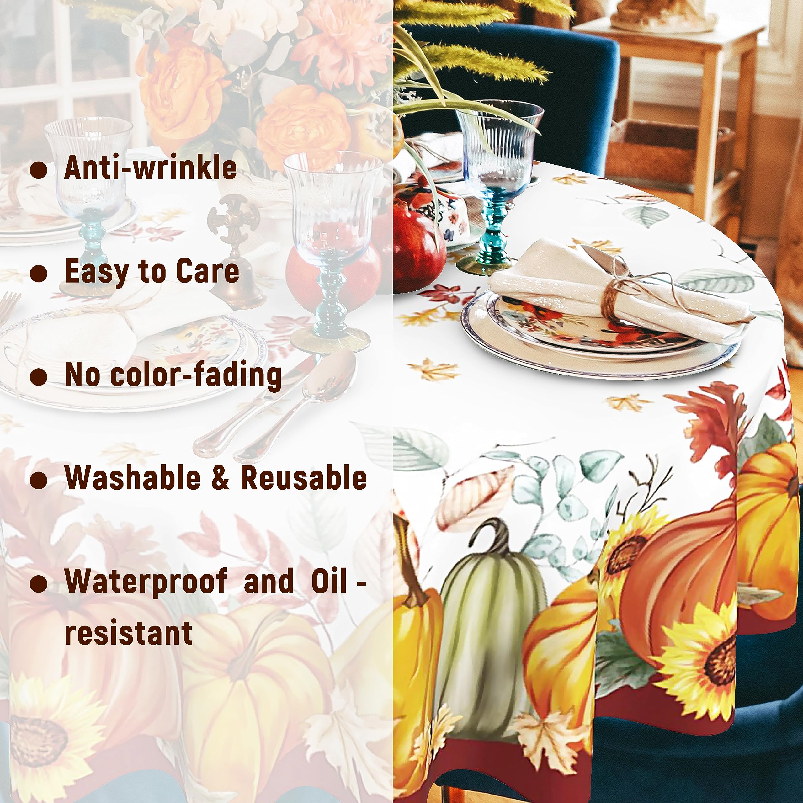 XUIUAN Fall Round Tablecloth Pumpkin Thanksgiving Dinner Table Decoration Autumn Leaves Print Harvest-Festival Seasonal Dining Table Cover Party Decor (60" x 60" Round)