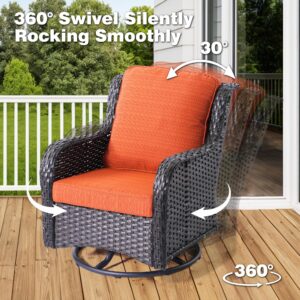 ovios Outdoor Furniture Patio Furniture Set 8 Pieces Swivel Rocking Chairs All Weather Rattan Wicker Patio Couch with Side Table,Ottomans,Chairs for Porch,Backyard,Deck,Brown Wicker Orange Red