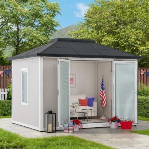 sunjoy office shed for outdoor, tiny house 10'x12.6' she shed, backyard office, multipurpose outdoor room, home gym with floor, 2 windows and lockable doors