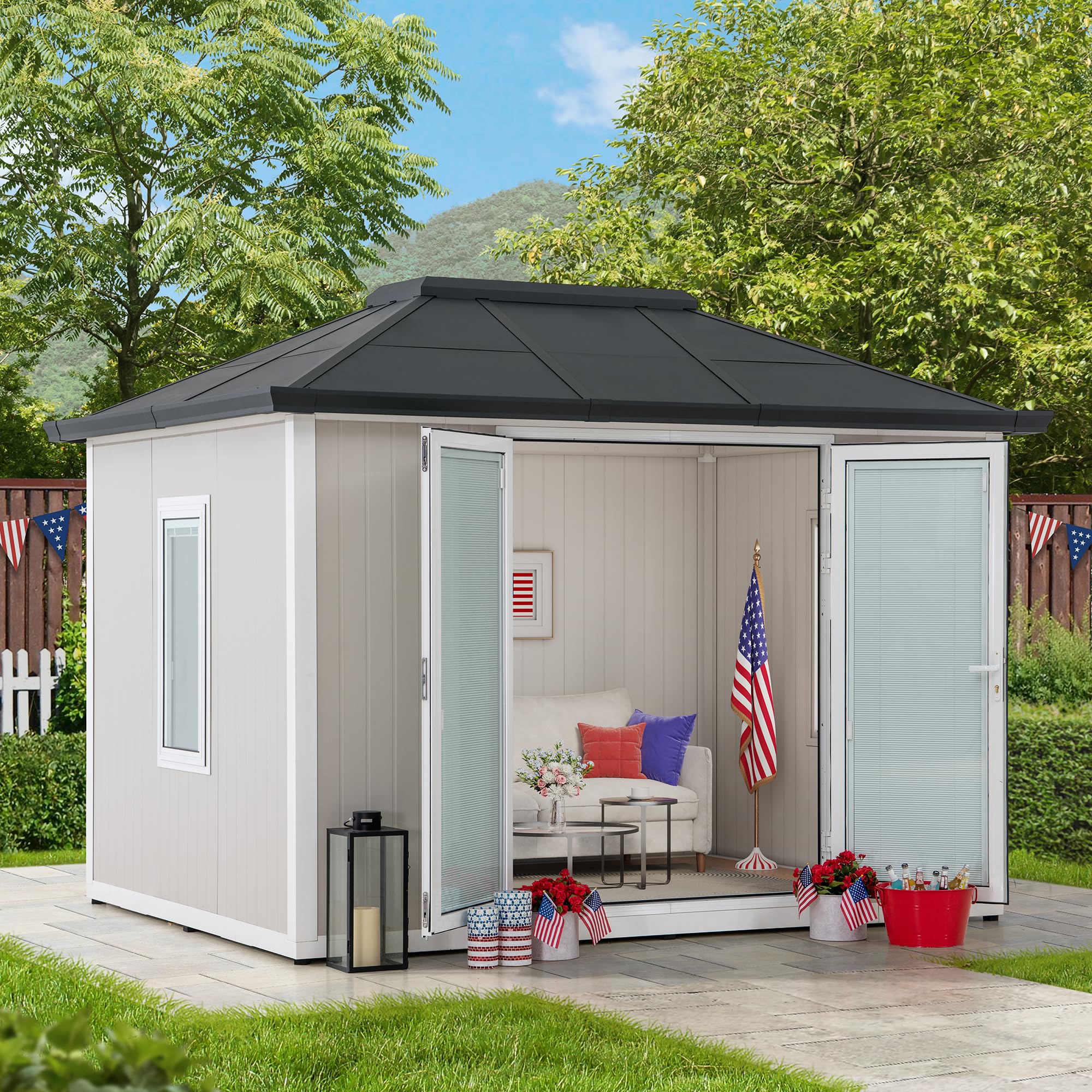 Sunjoy Office Shed for Outdoor, Tiny House 10'x12.6' She Shed, Backyard Office, Multipurpose Outdoor Room, Home Gym with Floor, 2 Windows and Lockable Doors