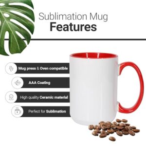 SDN CUSTOM 15 oz AAA Coated White Sublimation Ceramic Mug with Inner Color and Red Handle - Blank Ceramic Coffee Cups Set for Printing and DIY Gifts – Oven and Mug Press Compatible (6 Pack)