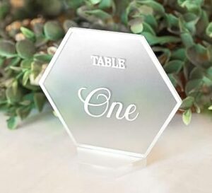 wedding table numbers with elegant hexagon design and dark silver lettering, table numbers, table numbers for wedding reception, acrylic table numbers, hexagon table numbers, 1-30