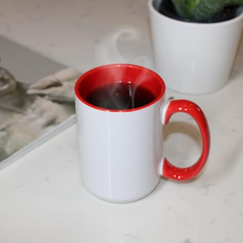 SDN CUSTOM 15 oz AAA Coated White Sublimation Ceramic Mug with Inner Color and Red Handle - Blank Ceramic Coffee Cups Set for Printing and DIY Gifts – Oven and Mug Press Compatible (6 Pack)