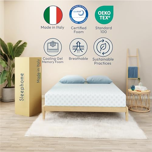 Sleephome 8 Inch Queen, Cooling Gel Memory Foam Mattress, CertiPUR, Oeko-Tex Certified, Pressure Relieving, Breathable, Medium Firm, Made in Italy, Mattress-in-a-Box, Queen