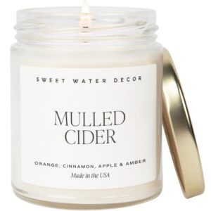 sweet water decor mulled cider candle - fall candle with cinnamon, icing and cinnamon buttery pastry for home - fall soy candle with 40 hours burn time - 9oz gold lid clear jar mulled cider scents