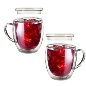 2 pack -12 oz clear double wall glass coffee mug with lid | insulated heat proof glass tea cup mug with handle | perfect for cappuccino tea latte hot beverage wine microwave safe