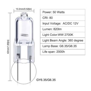 10x G6.35 12V 50-Watt T4 Halogen GY6.35 Base 12-Volt Clear Dimmable Bulbs for Ceiling Lights,Cabinet Lights,Table Light