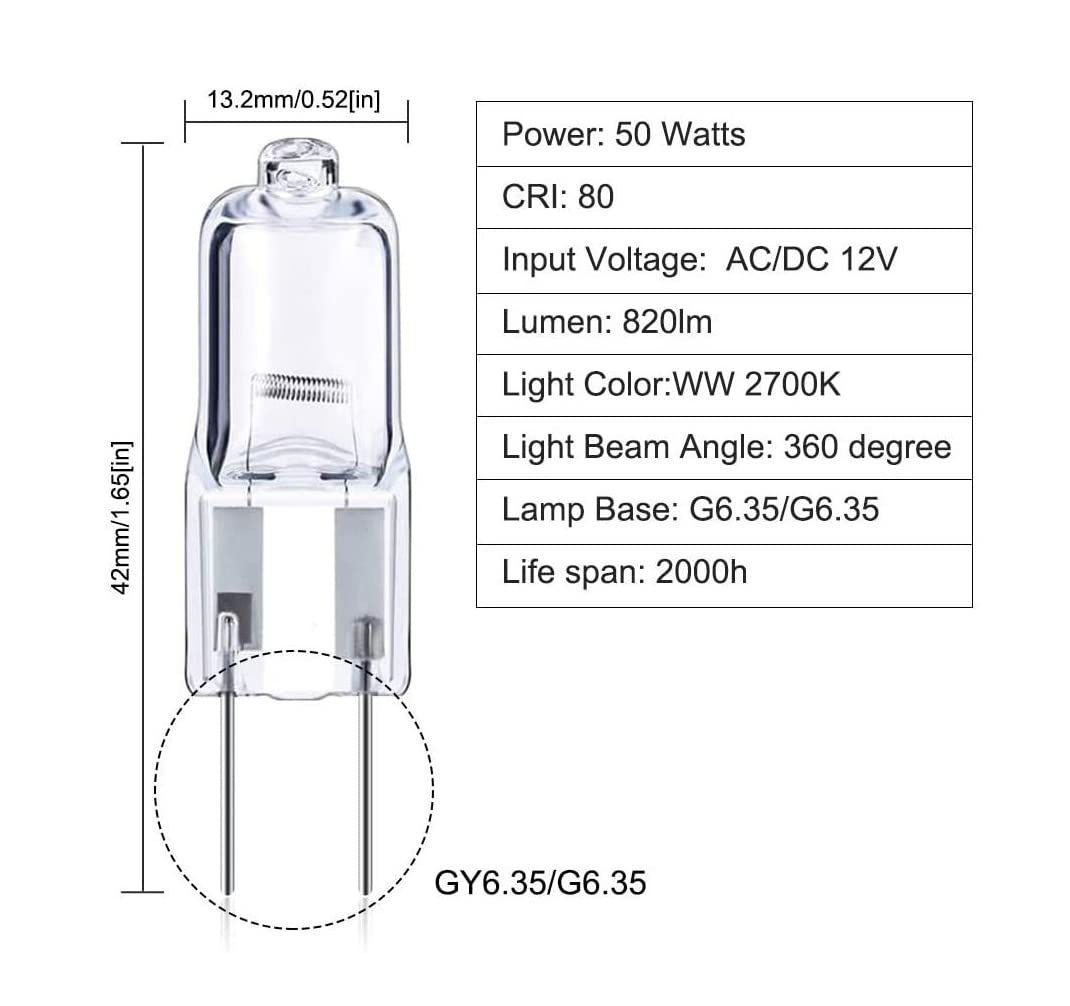 10x G6.35 12V 50-Watt T4 Halogen GY6.35 Base 12-Volt Clear Dimmable Bulbs for Ceiling Lights,Cabinet Lights,Table Light