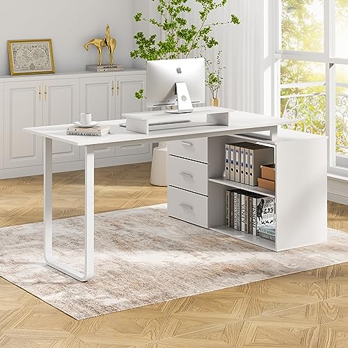 Anbuy L-Shaped Desk with Monitor Stand, Large Corner Computer Office Desk with Reversible 3 Drawers File Cabinet and Shelves, Modern Study Writing Table Workstation with Storage Cabinet