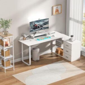 Anbuy L-Shaped Desk with Monitor Stand, Large Corner Computer Office Desk with Reversible 3 Drawers File Cabinet and Shelves, Modern Study Writing Table Workstation with Storage Cabinet