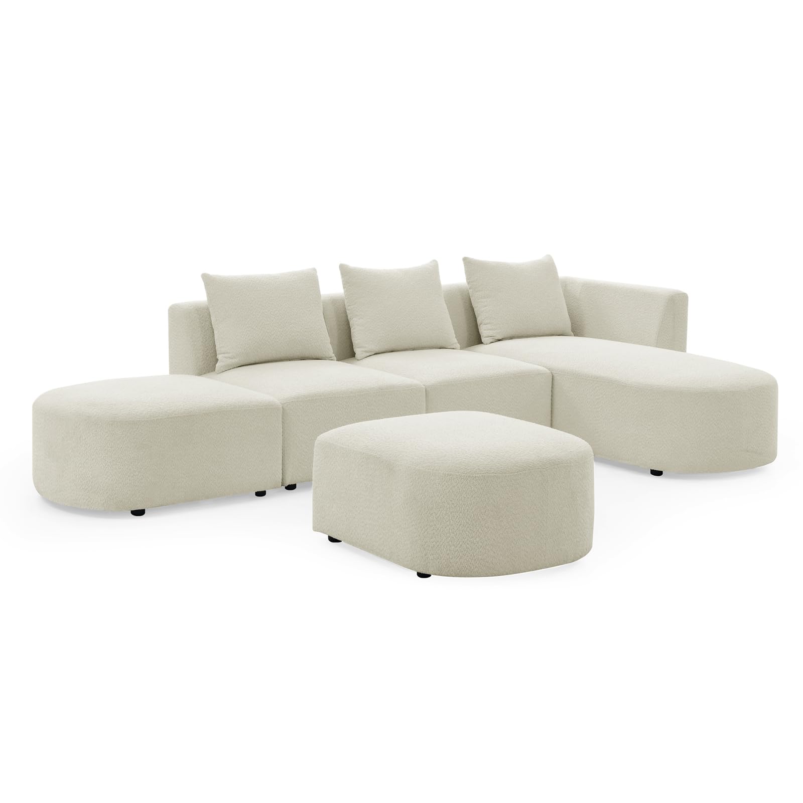 KIVENJAJA Modular Sectional Sofa, Boucle L-Shaped Couch with Right Facing Chaise, Ottoman & Pillows, Modern Minimalist Sherpa Comfy Cloud Couches for Living Room Apartment, 113 inch, Beige