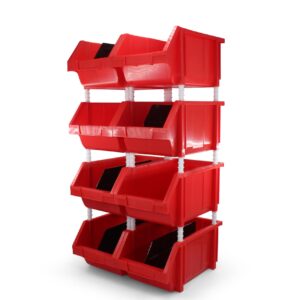 DJC Supply Heavy duty thermoplastic storage bin organizer, Stackable, Hangable, Side-connect (RED (2 PACK), LARGE V2 8.4" X 14.5" X 6.9")