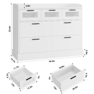 HOSTACK Modern 7 Drawer Dresser, White Dressser Chest of Drawers with Deep Drawers, Wide Wooden Dresser with Fluted Glass & Anti-Drop Fence for Living Room, Hallway, White