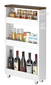 chloryard slim storage cart, 4-tier kitchen rolling cart narrow storage cabinet with handle & wood top, metal rolling shelf unit for kitchen bathroom laundry small places(5 in width/white & brown)