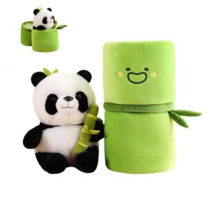 feqoqo panda stuffed animal cute panda with bamboo plush doll soft panda bear plush hugging pillow for kids birthday gifts