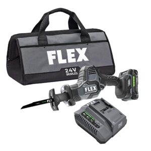 flex 24v brushless cordless one-handed reciprocating saw kit with 2.5ah lithium battery and 160w fast charger - fx2241-1a