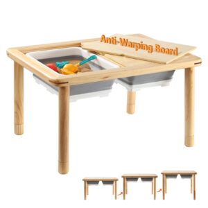 funlio wooden sensory table with 2 bins for toddlers 1-5, 3-level height adjustable kids sensory table with anti-warping plywood lid, indoor/outdoor play sand and water table, cpc certified