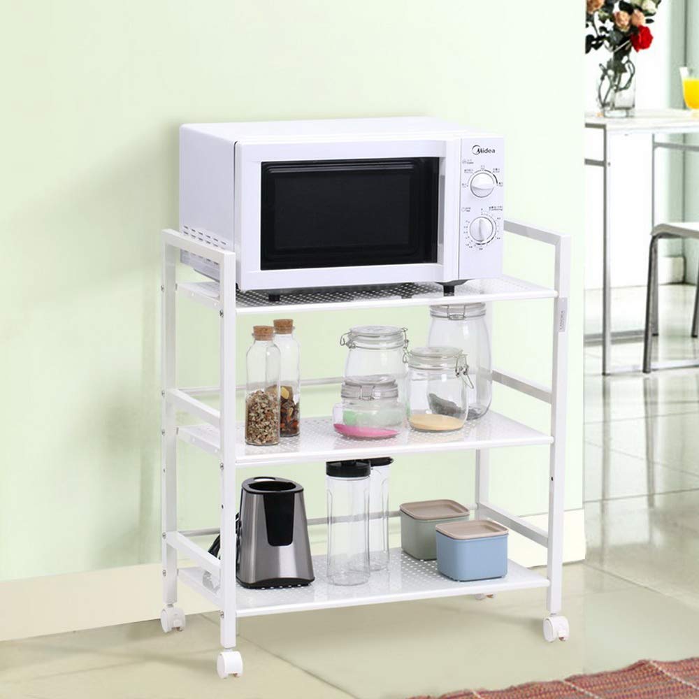 3-Tier Metal Storage Rack with Wheels - Heavy Duty Shelving Unit with Hooks - Microwave Stand Kitchen Rolling Cart - Garage Storage Rack - Multipurpose Utility Cart for Home Office Use - Ivory White