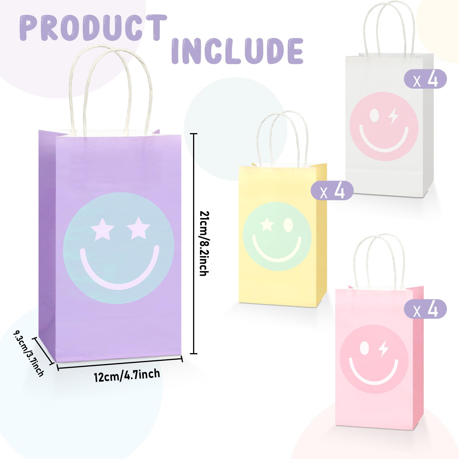 16PCS Smile Face Gift Paper Bags Preppy party Supplies Smile Face Favors Bags Pastel Candy Bags Preppy party Decor Rainbow Kraft Party Goodie Bags Party Decorations for Bachelorette Birthday Baby