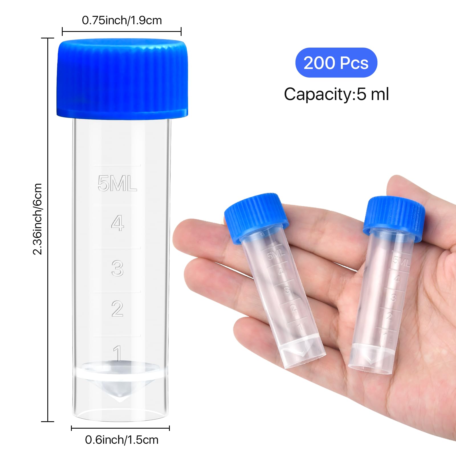 Aemygo 200PCS 5ml Plastic Small Vials with Screw Caps Sample Tubes Cryotubes,PP Material, Free from DNase, RNase, Human DNA