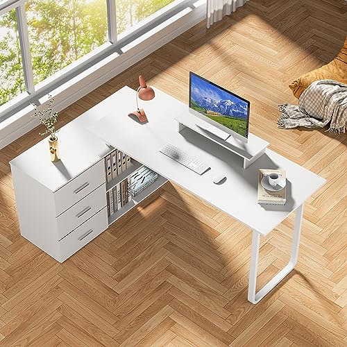 Anbuy L-Shaped Desk with Monitor Stand, Large Corner Computer Office Desk with Reversible 3 Drawers File Cabinet and Shelves, Modern Study Writing Table Workstation with Storage Cabinet